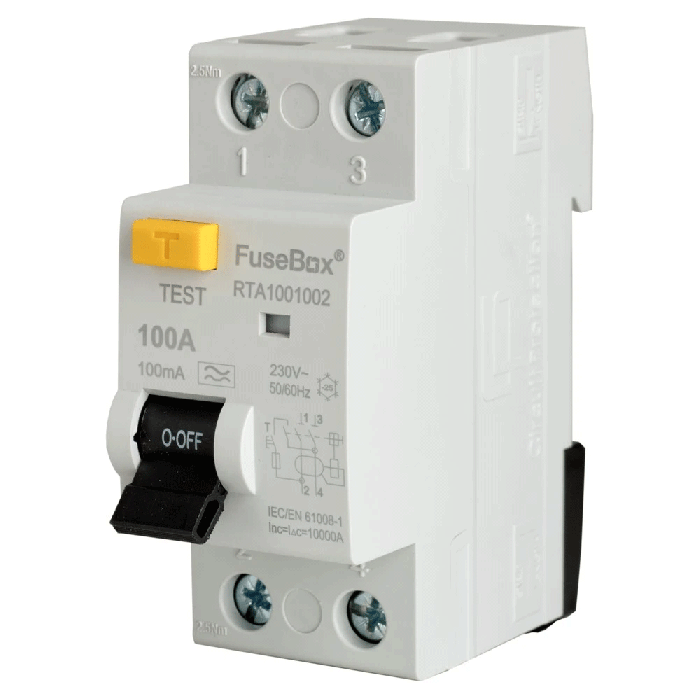 Fusebox 100A 2 Pole Type A RCD 100mA RTA1001002