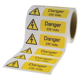 Danger 230V Stickers 75 x 25mm Self Adhesive Label Roll of 250