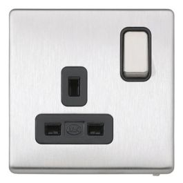 MK Aspect K24357BSSB 13A Dual Earth Switch Socket Brushed Steel Black
